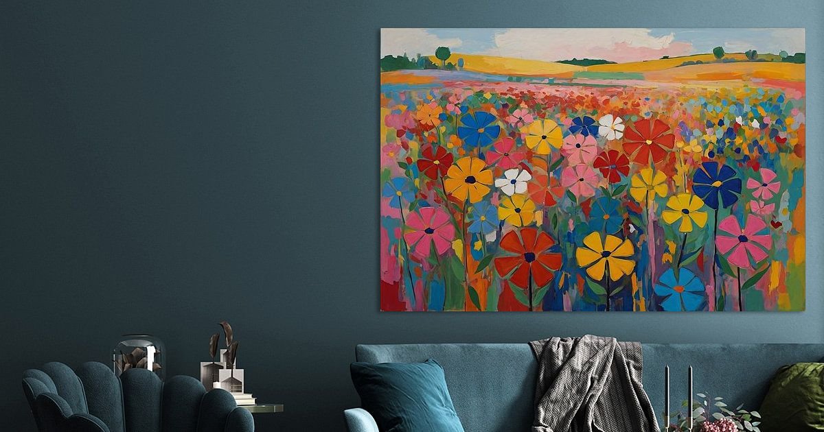 Kleurrijk bloemenveld van De Muurdecoratie op canvas, behang en meer